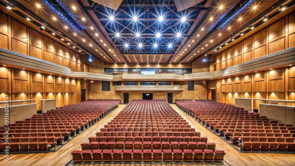Empty Auditorium with Rows of Red Seats and a Starry Ceiling, Interior ...