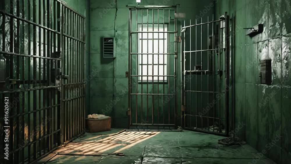 Discover the eerie atmosphere of an abandoned jail cell with rusty bars ...