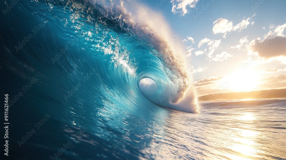 Huge turquoise waves form a see-through barrel, surrounded by sun ...