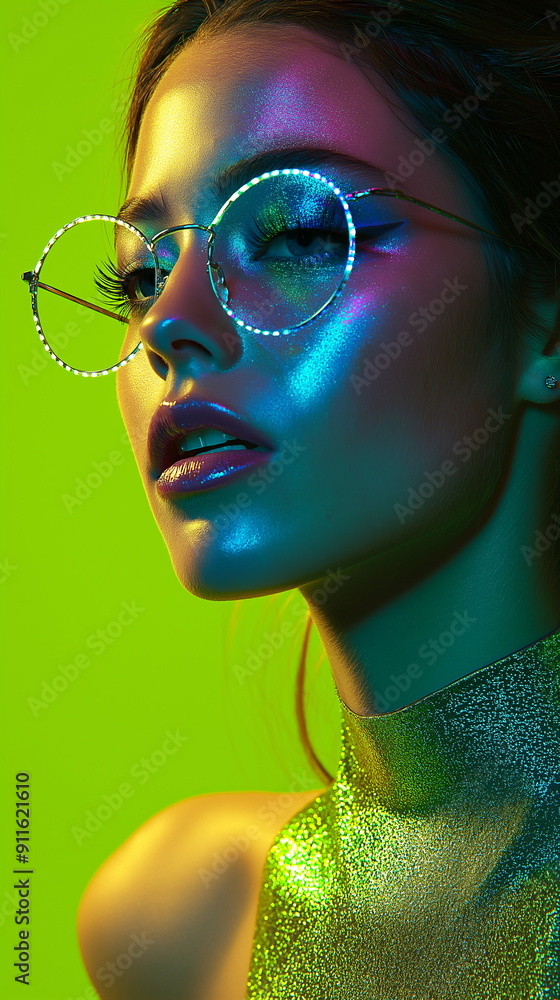 Y3K-inspired closeup with holographic glasses and iridescent makeup ...