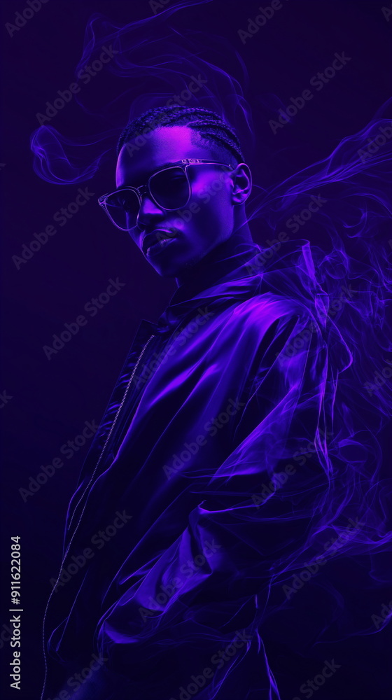 Cyberpunk-inspired portrait with neon purple lighting for Y3K aesthetic music visuals ...