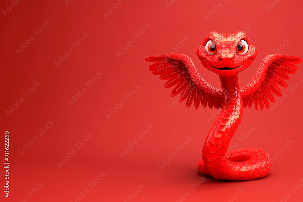 Cute red snake with red eyes and wings on a red background, free space ...