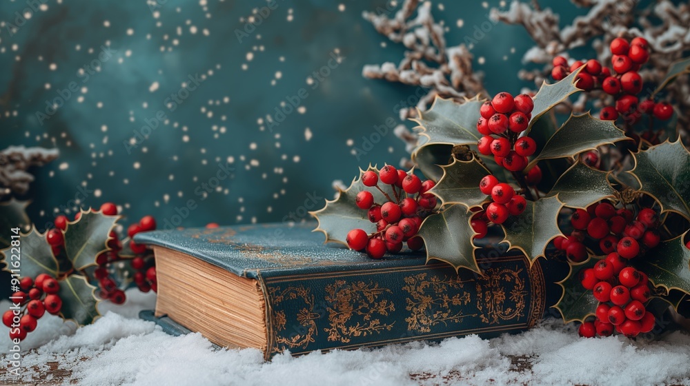 Christmas decor using a book, greenery and textured backdrop ...