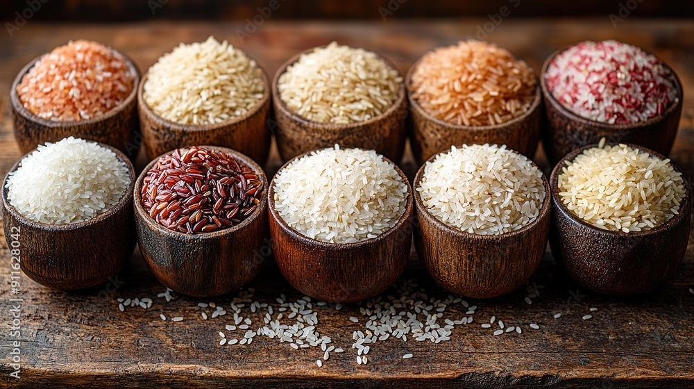 Raw rice grains on a wooden kitchen countertop. Showing different types ...