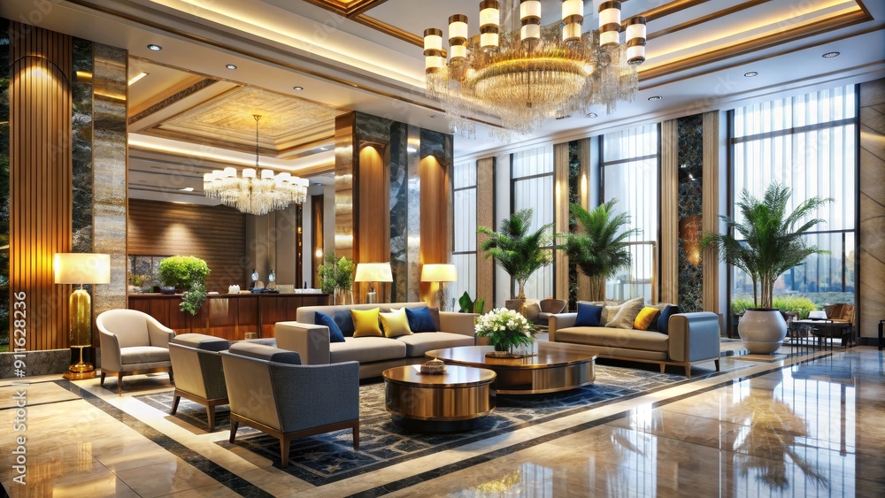 Luxury Hotel Lobby Interior Design with Chandelier and Marble Floor ...