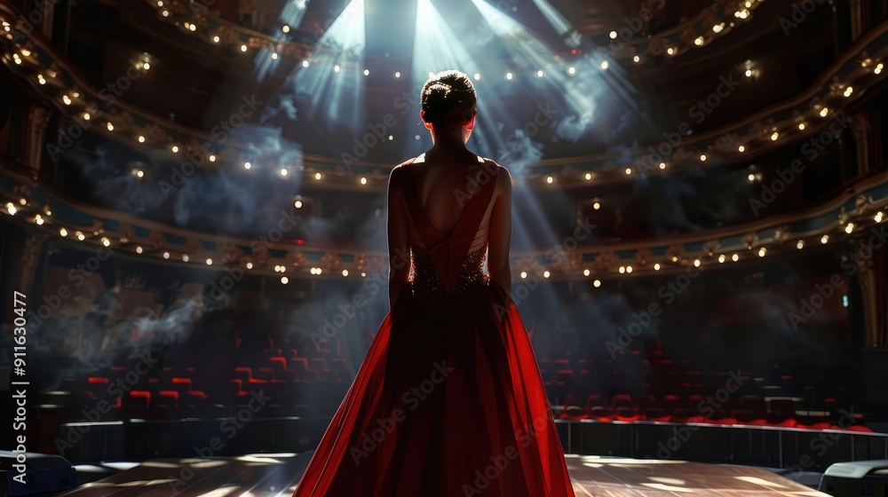 Foto de From the back of the concert hall stage, an opera singer in a ...