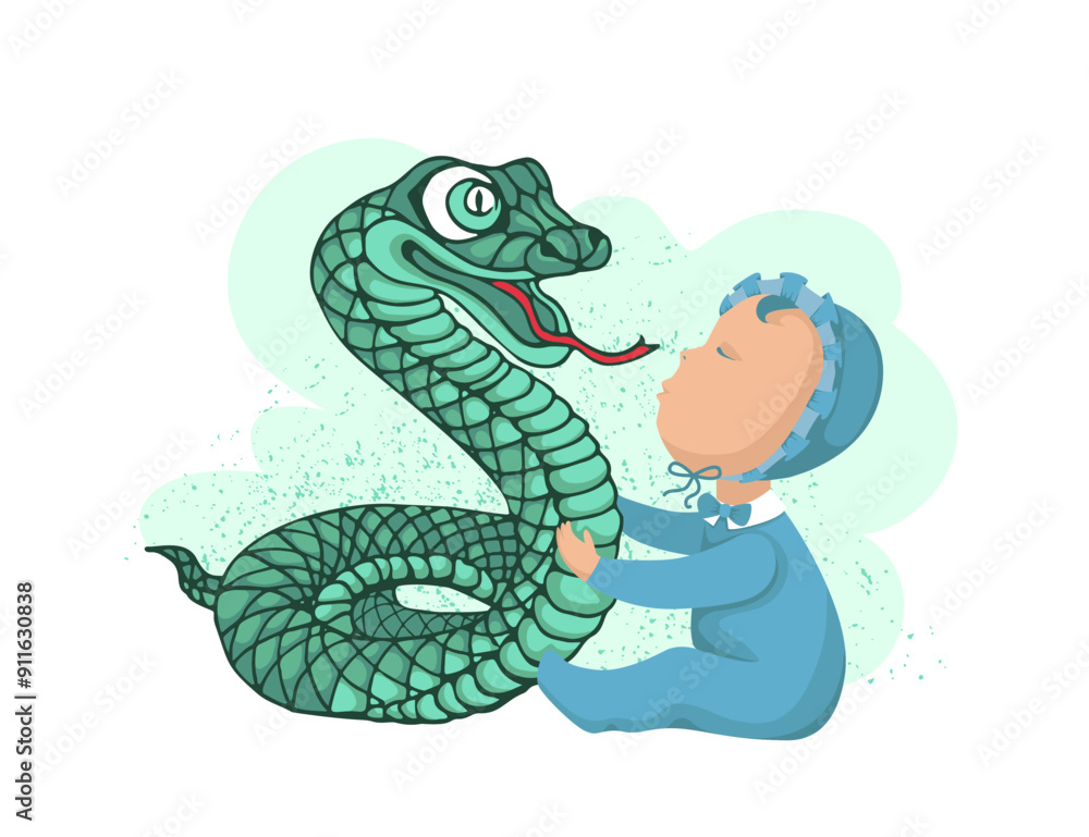 Little boy and snake. Birth of new baby in the year of snake. Birthday ...