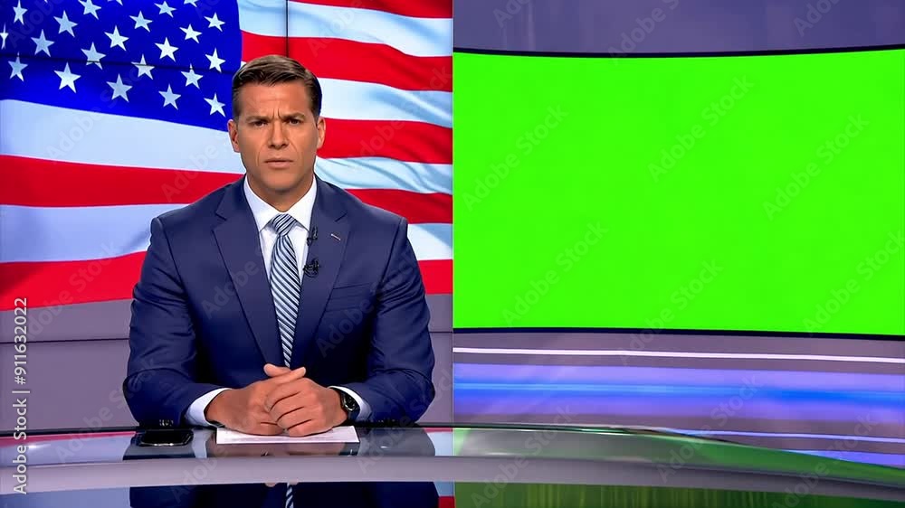 Caucasian Anchorman at desk speaks during broadcast in front of a ...