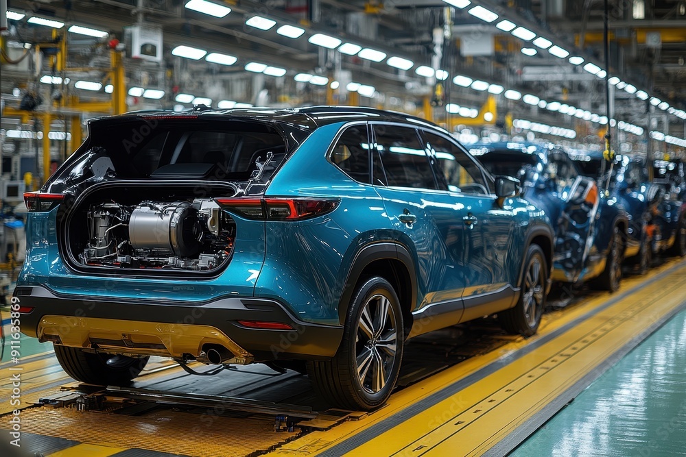 Car production line in factory with assembly lines, workers building ...