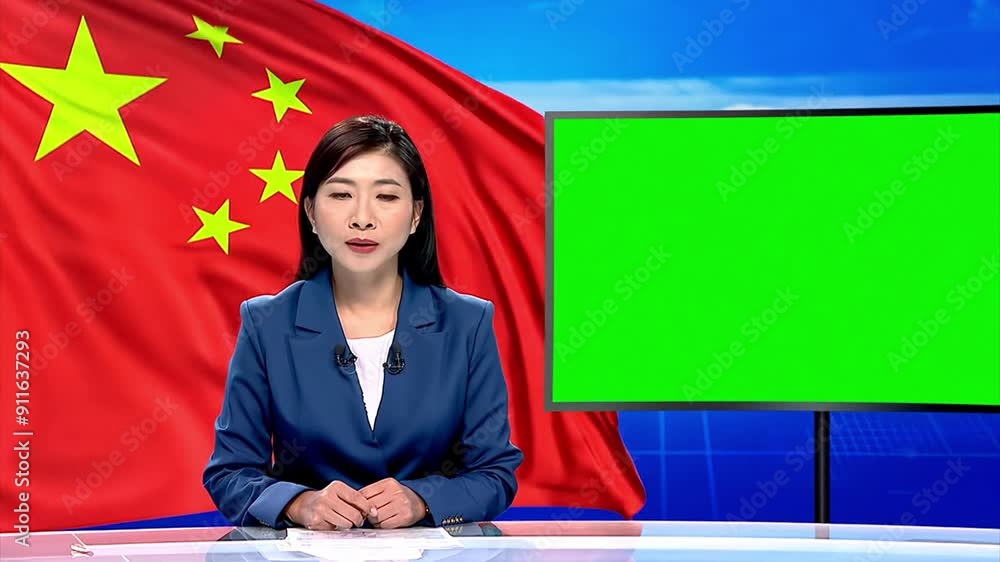 Chinese anchorwoman at desk speaks during broadcast in front of a ...
