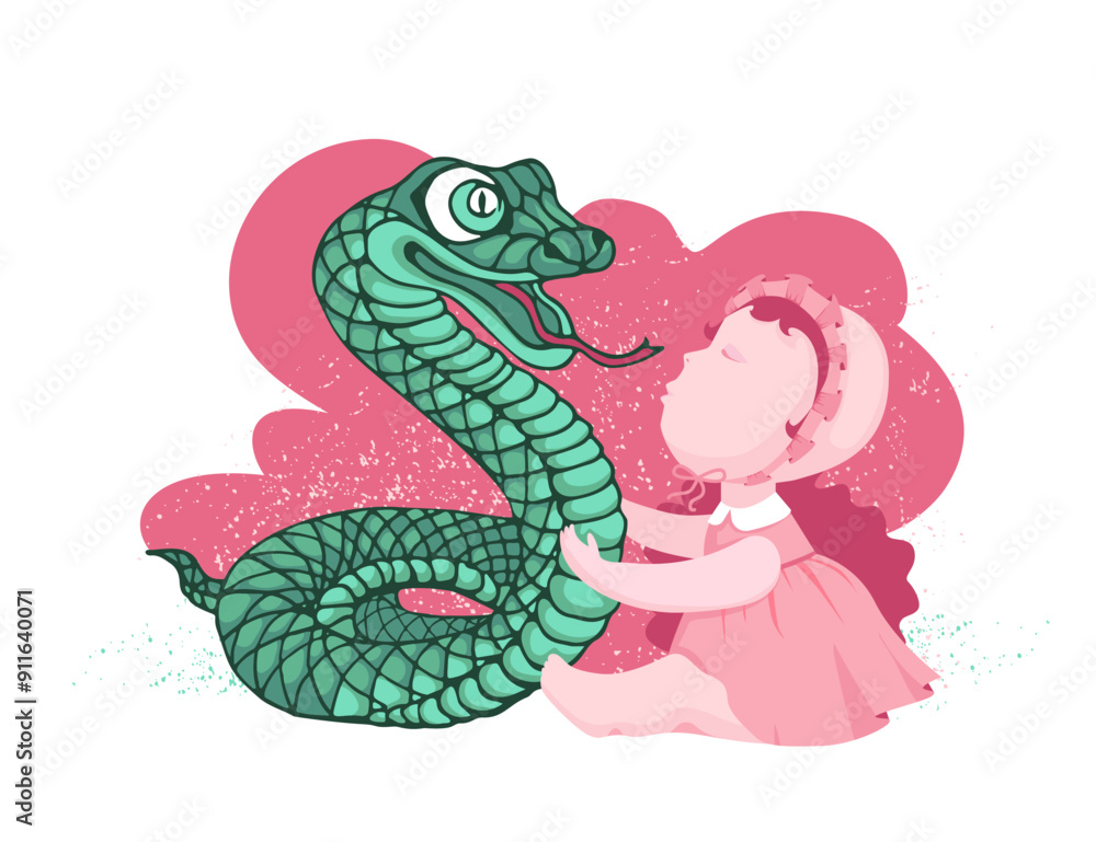 Little girl and snake. Birth of new baby in the year of snake. Birthday ...