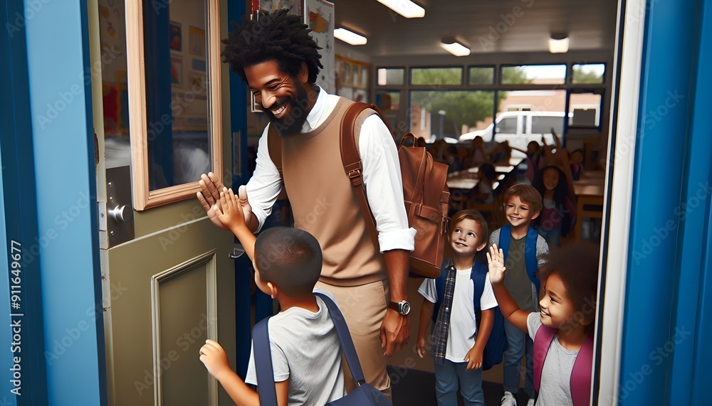 an Elementary school teacher greeting his students at the door. a Male ...