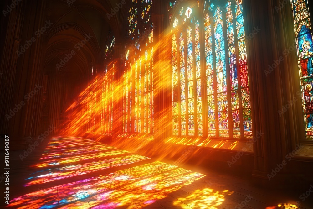 sacred illumination breathtaking stained glass window in a grand cathedral with rays of sunlight ...