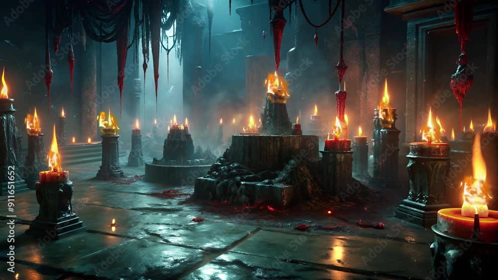 The hall of a Gothic castle in a foggy night setting with dim ...