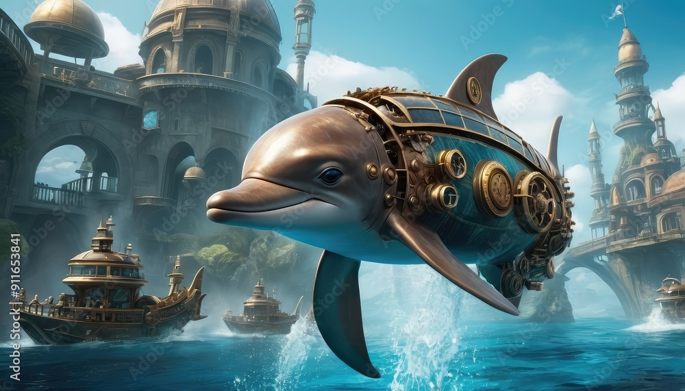 In a fantastical underwater world, a mechanical dolphin with steampunk ...