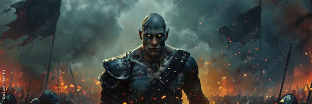 Intense bald vampire man with deep blue skin and yellow eyes muscular ...