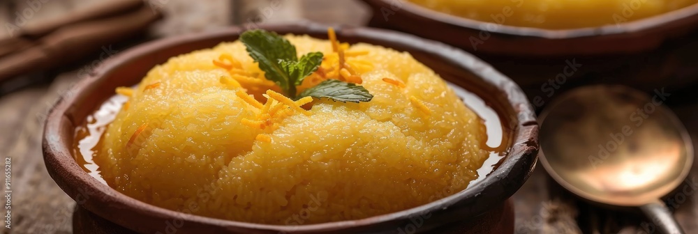 Semolina pudding dessert also known as Rava kesari Kesari bath sheera ...