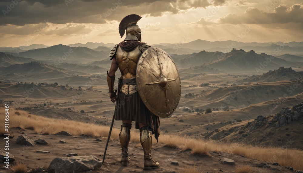 A Spartan soldier in full armor, holding a shield and spear, stands ...