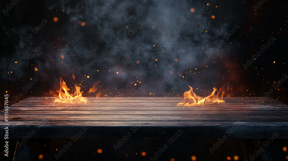 Blank wooden table with fire burning at the edge of the table, fire ...