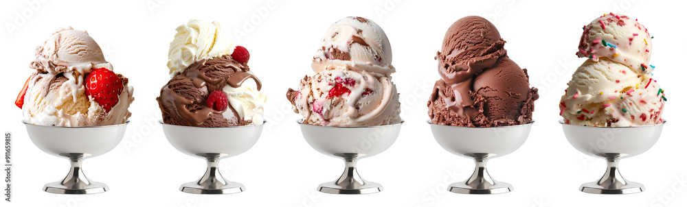 Classic flavour Ice cream double triple scoop on retro metal stainless ...