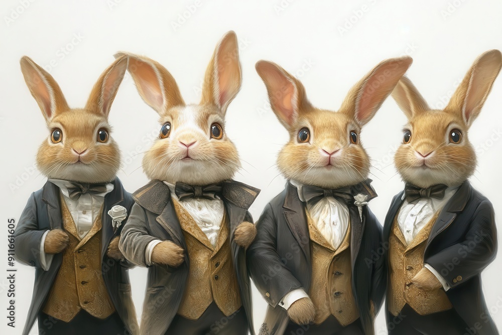 whimsical illustration of anthropomorphic rabbits in formal attire ...