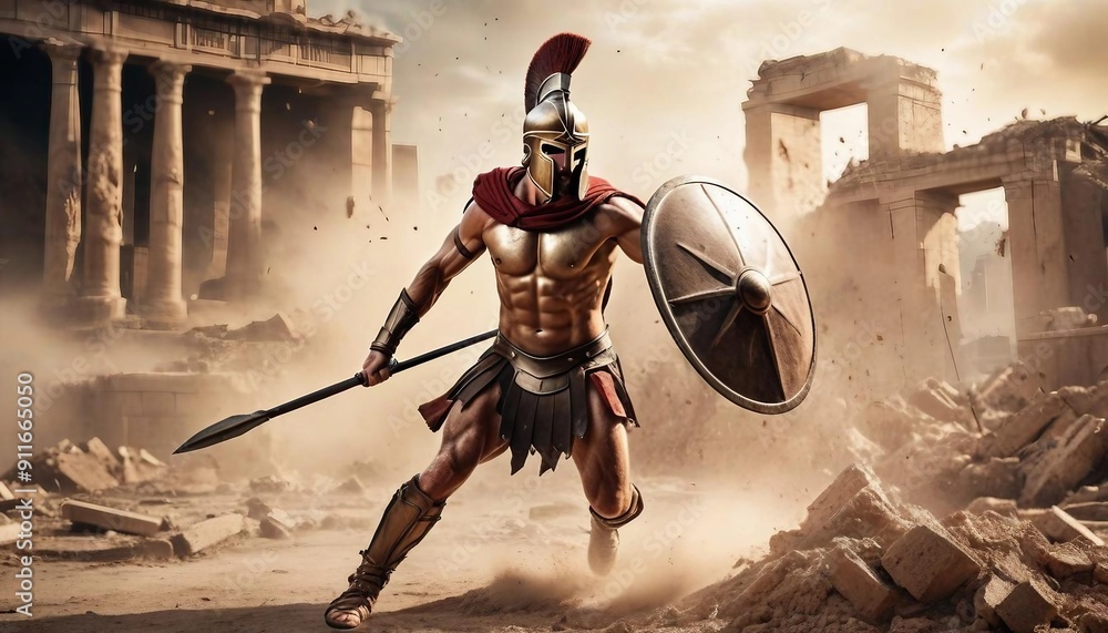 A Spartan soldier, helmet adorned with a plume, training vigorously in ...