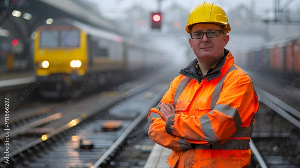 Railway worker in orange safety gear standing confidently on a foggy ...