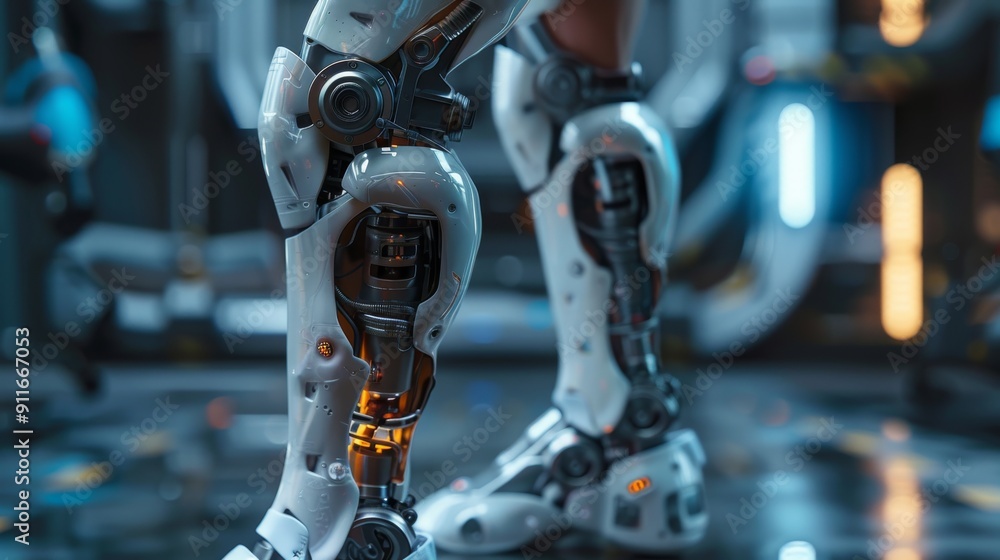 A close-up of a cybernetic prosthetic leg, demonstrating the seamless ...