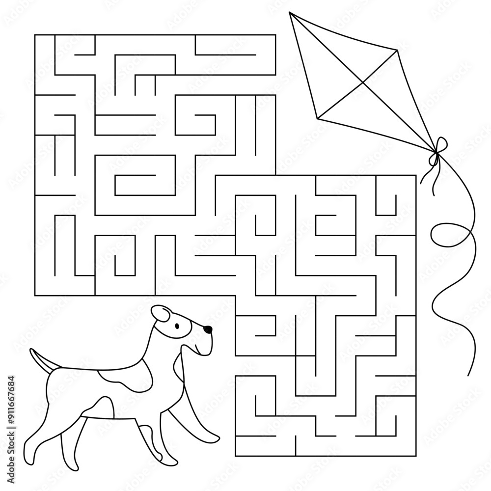 Animal line maze game for kids. Cute outline dog looking for a way to ...