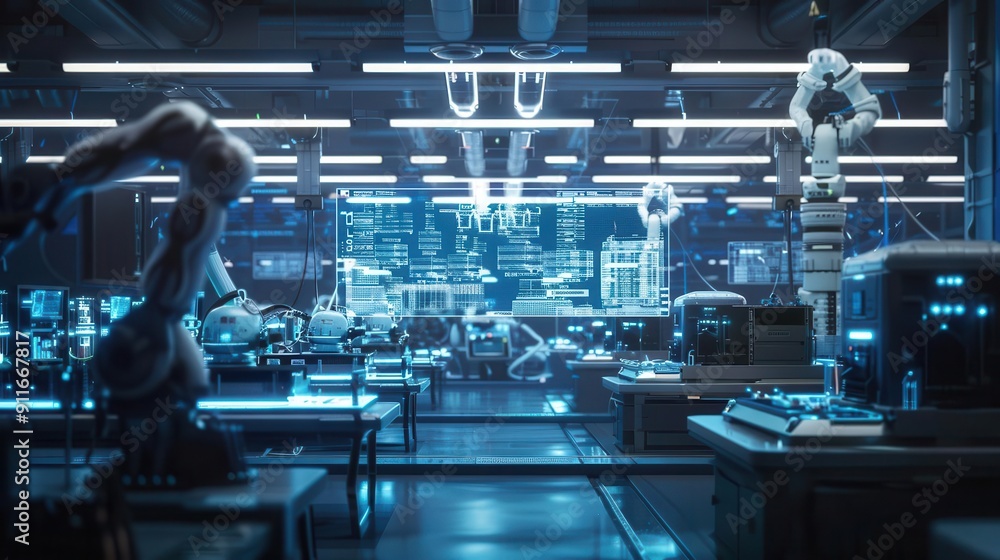 futuristic smart factory interior bustling with advanced robotics and ...