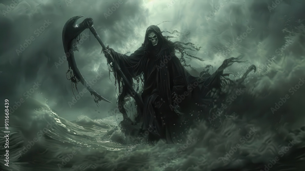 haunting portrayal of death personified skeletal figure shrouded in tattered black robes ...