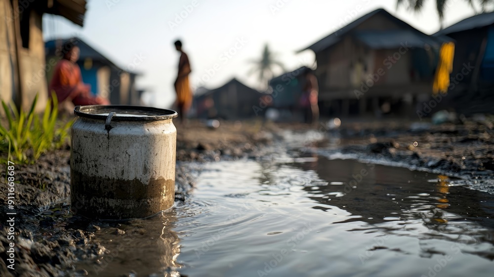 A village affected by water pollution, with residents collecting water ...