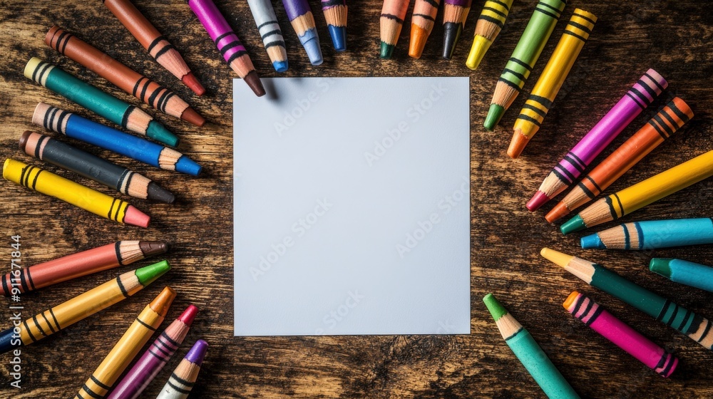 Flat lay of a blank white coloring page on a table, surrounded by a ...