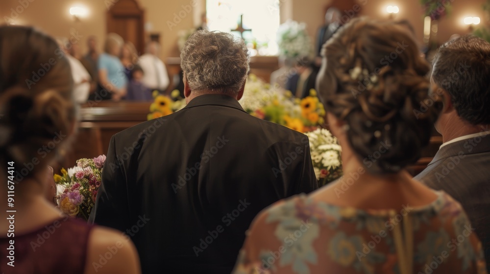 Depressed people, funeral coffin, death, and mourning in church during ...