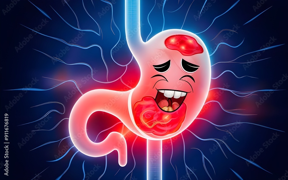 Cartoon Stomach with Red Inflamed Areas Illustrating Gastritis and ...