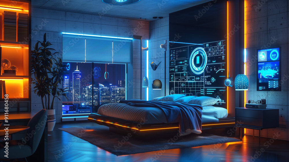 A contemporary futuristic bedroom with a holographic, virtual reality ...