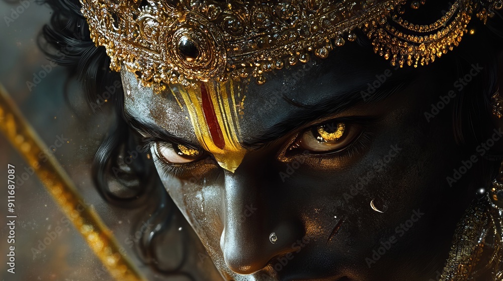 A detailed close-up of Krishnas face during a battle, his intense ...