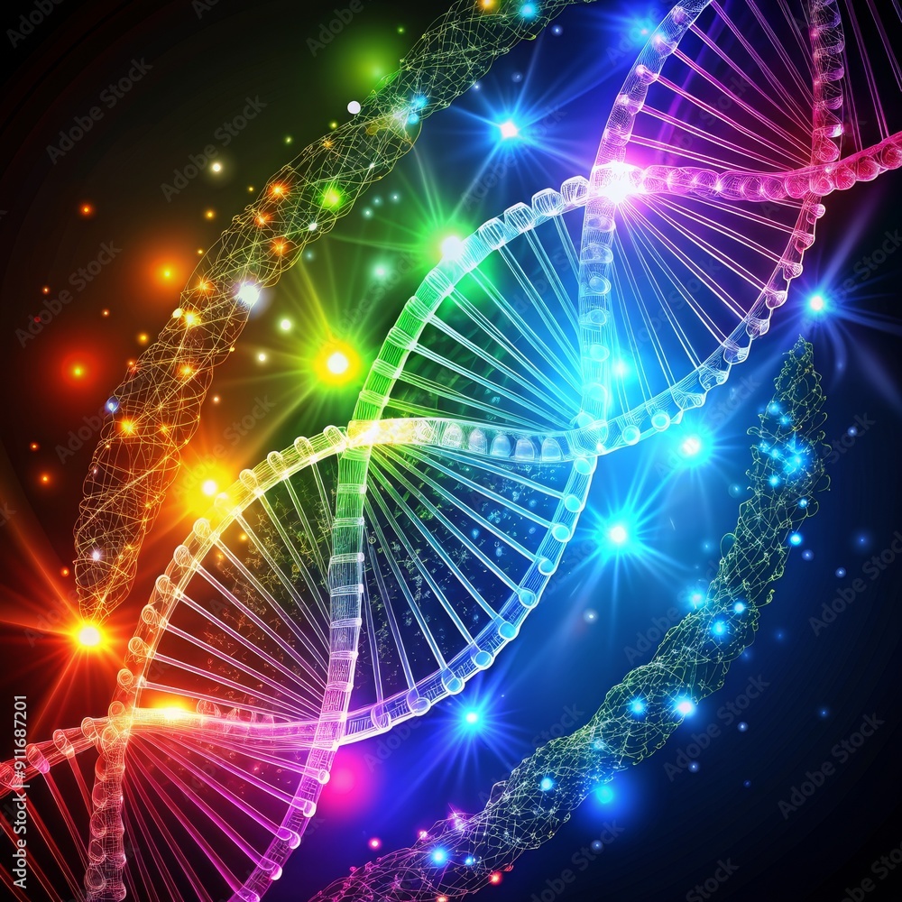 Glowing Rainbow DNA Double Helix, Digital Art, Neon Lights, Genetic ... Glowing Rainbow DNA Double Helix, Digital Art, Neon Lights, Genetic ...