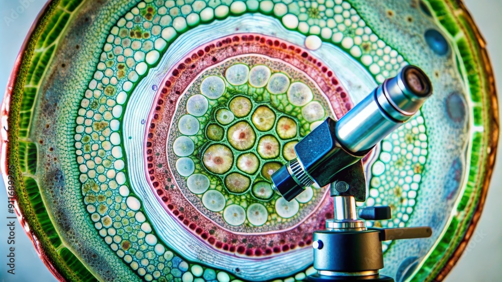Microscopic View of a Plant Stem Under a Microscope, Green, Blue, Red ...