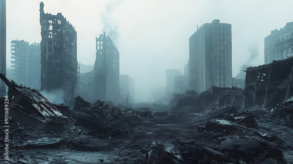 apocalyptic banner of a devastated city after world war. concept ...