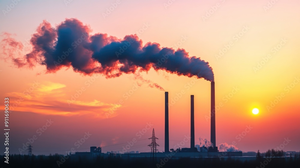 Industrial factory with smoking chimneys at sunset. Pollution and ...