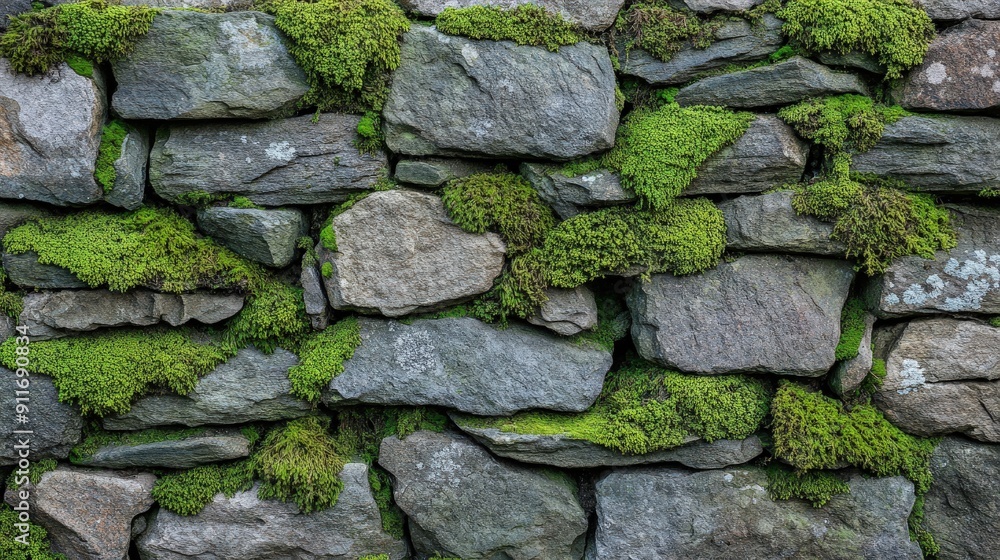 Detailed pattern of moss over an old stone wall, showcasing a blend of ...