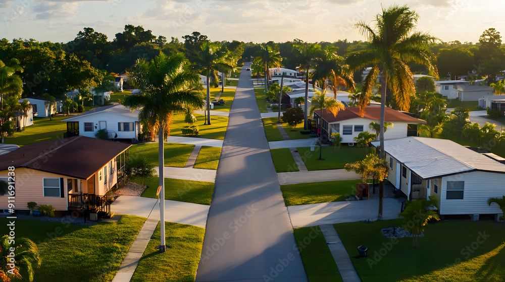 aerial flyover mobile homes with palm trees in suburb of fort myers ...