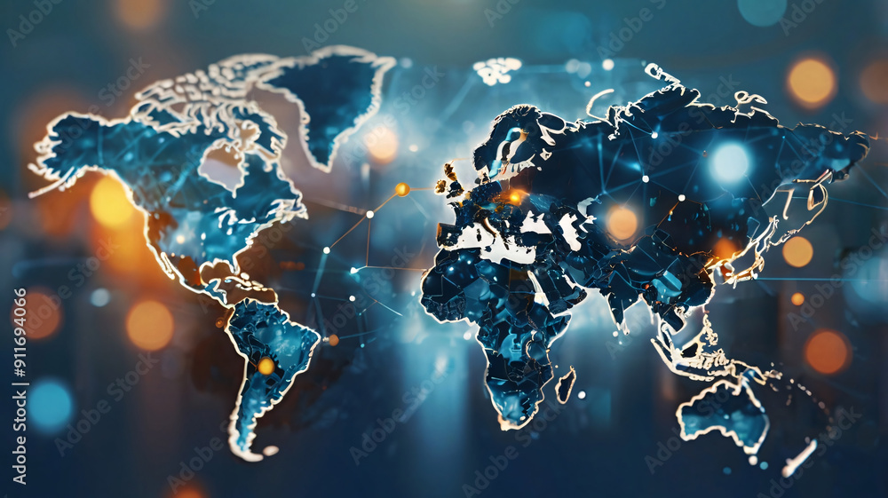 Digital Illustration of a Global Network Concept with a Dark Blue World ...