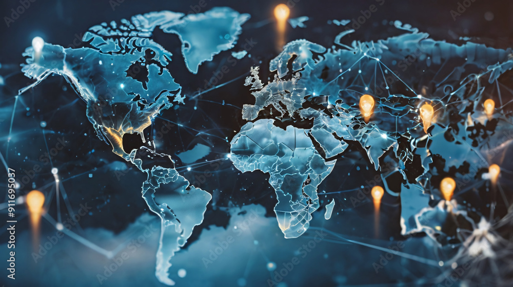 Digital Illustration of a Global Network Concept with a Dark Blue World ...
