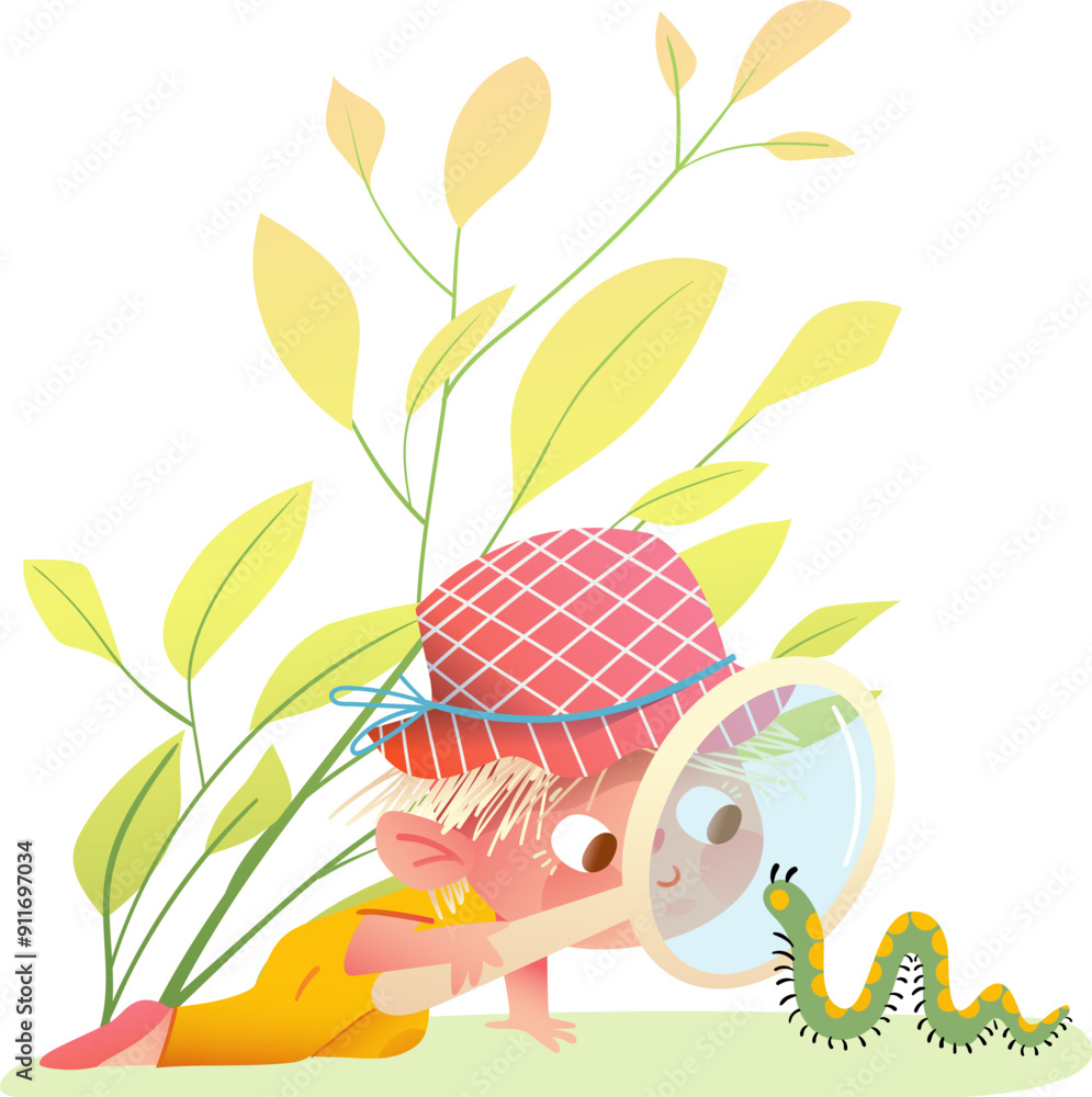 Little blonde girl study caterpillar with magnifying glass in nature ...
