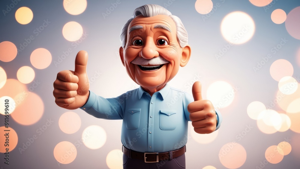 Create a 3D-style portrait of a happy, smiling old man showing a thumbs ...