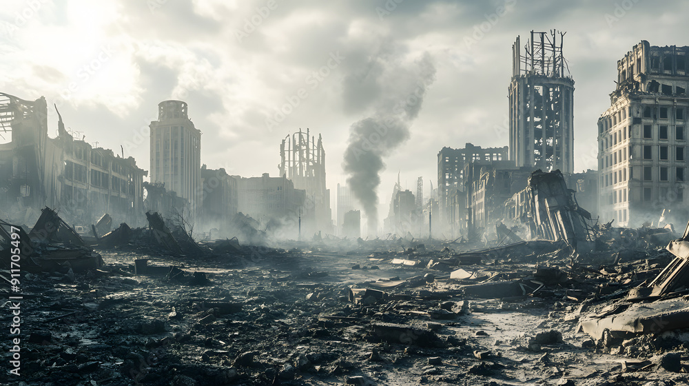 apocalyptic banner of a devastated city after world war. concept ...