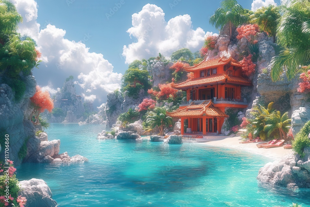 vibrant reimagining of the dragon ball z kame house on a tropical ...