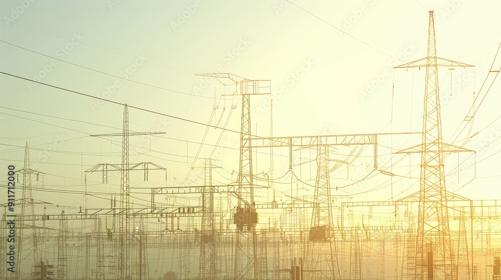 High Voltage Electricity Grid with Transformers and Power Lines. Clear ...